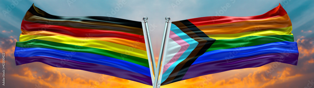 Philadelphia Pride Flag and New LGBT Rainbow Flag waving with texture ...