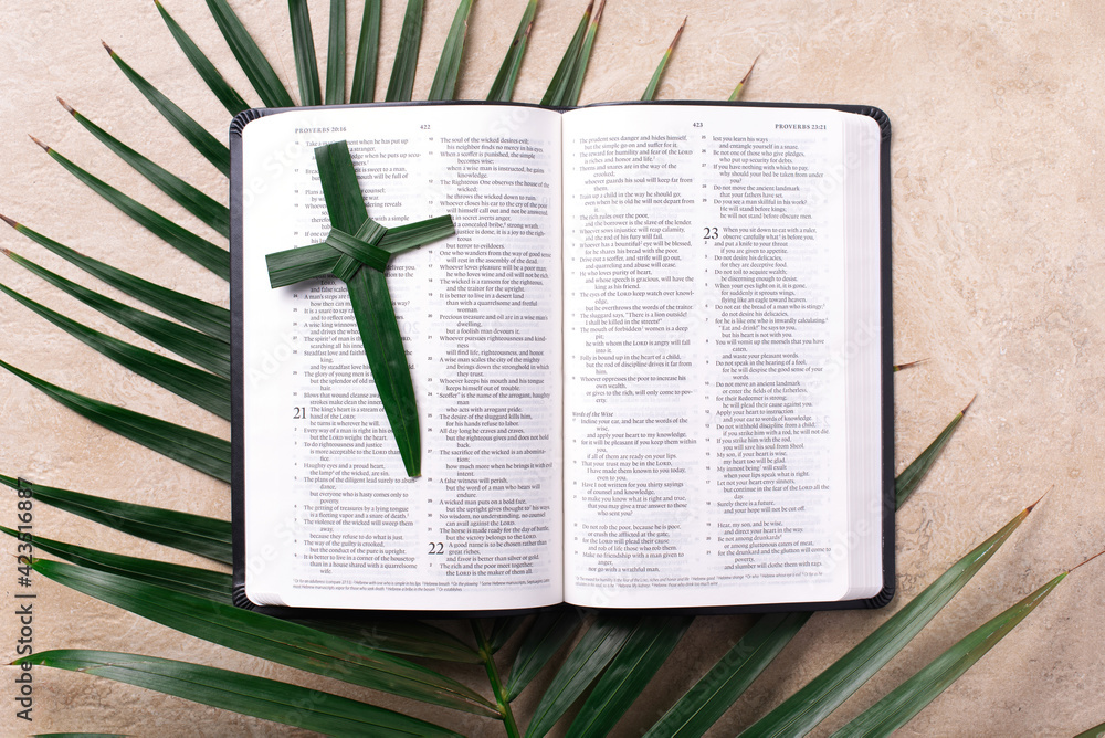 Palm Sunday concept. Palm cross on open Holy Bible and palm leaves ...