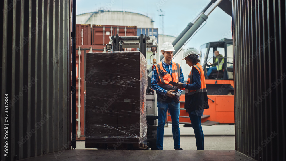 Forklift Driver Loading Shipping Cargo Container with Full Pallet with ...