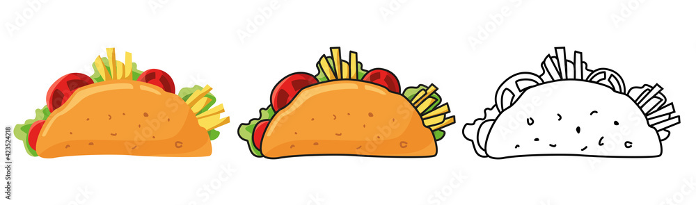 Set of Mexican taco traditional mexican fast-food. Cartoon, doodle ...
