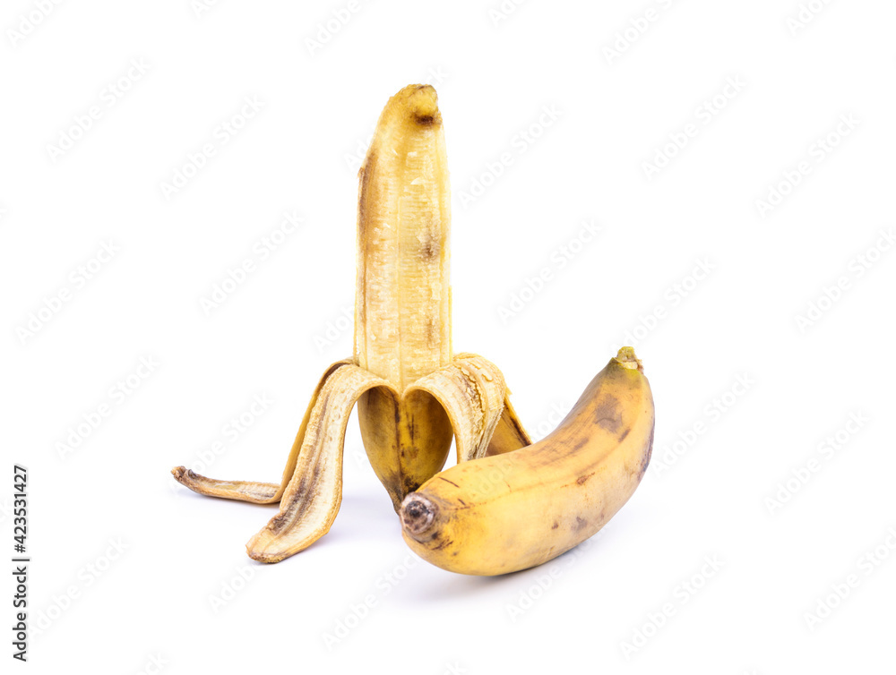 Two overripe bananas that are overripe, almost rot and dry. Isolated on ...