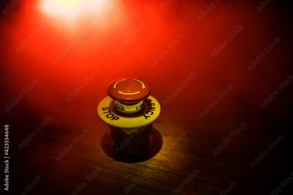 Emergency stop button, Disaster protection. Industrial concept. Red ...