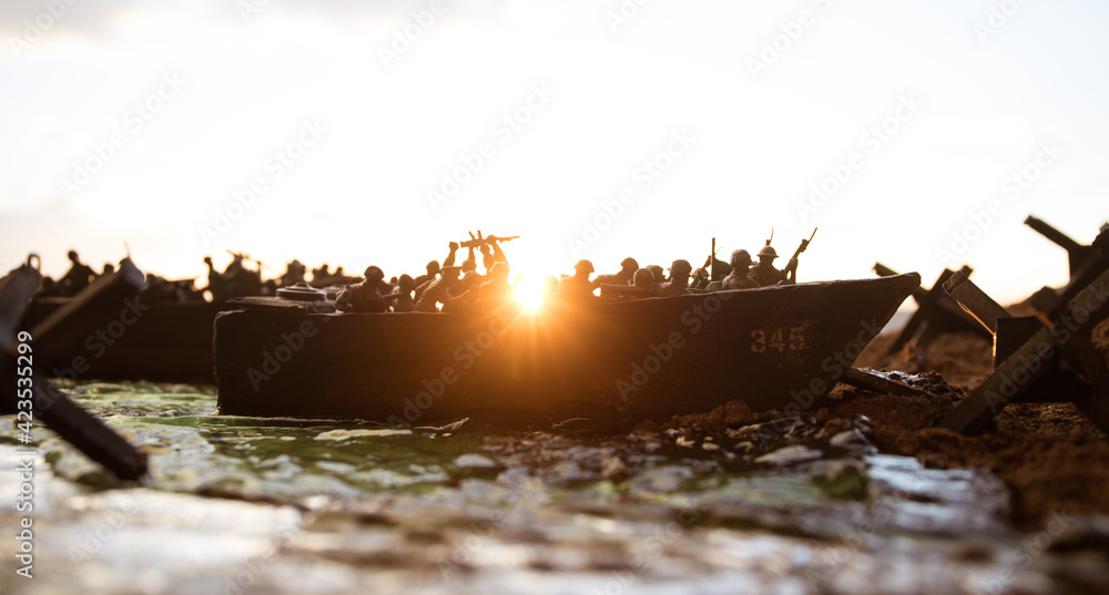 World War 2 reenactment (D-day). Creative decoration with toy soldiers ...