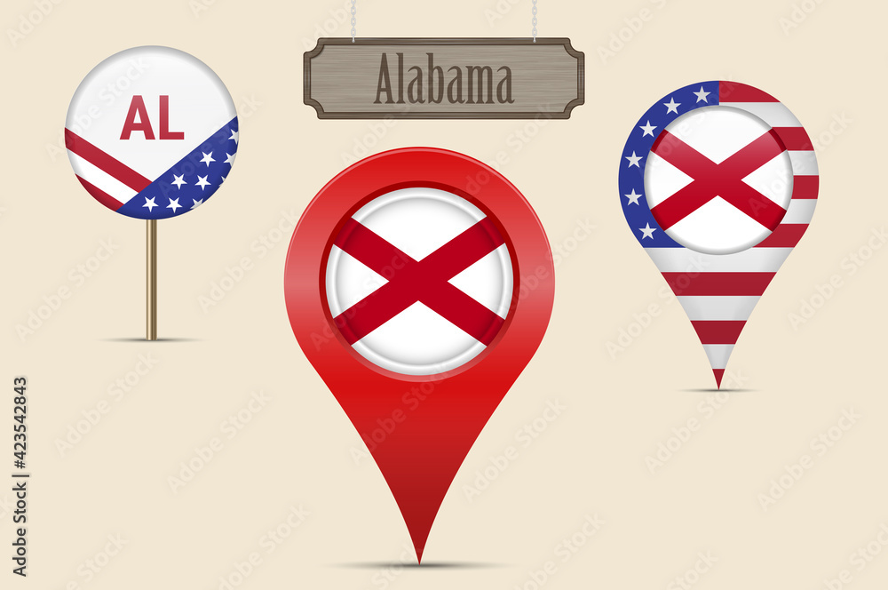 Alabama US state round flag. Map pin, red map marker, location pointer ...