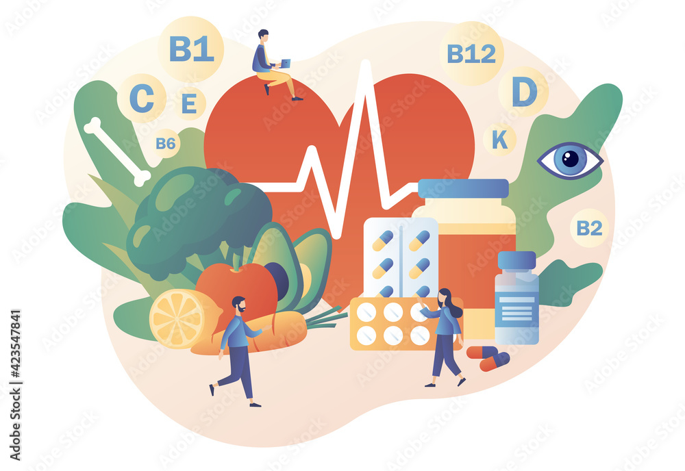 Nutritionist concept. Healthy food. Tiny people consume healthy organic ...