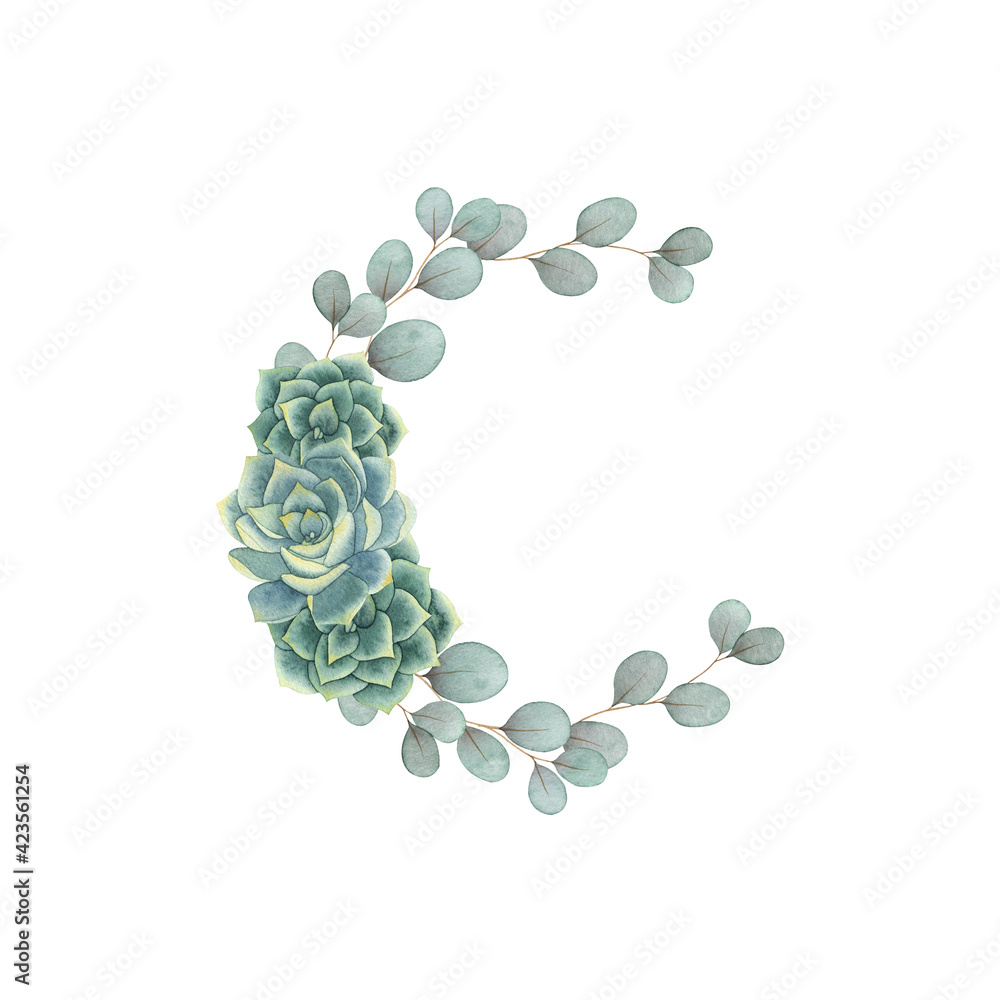 Watercolor succulent floral frame with eucalyptus leaves. Hand drawn ...