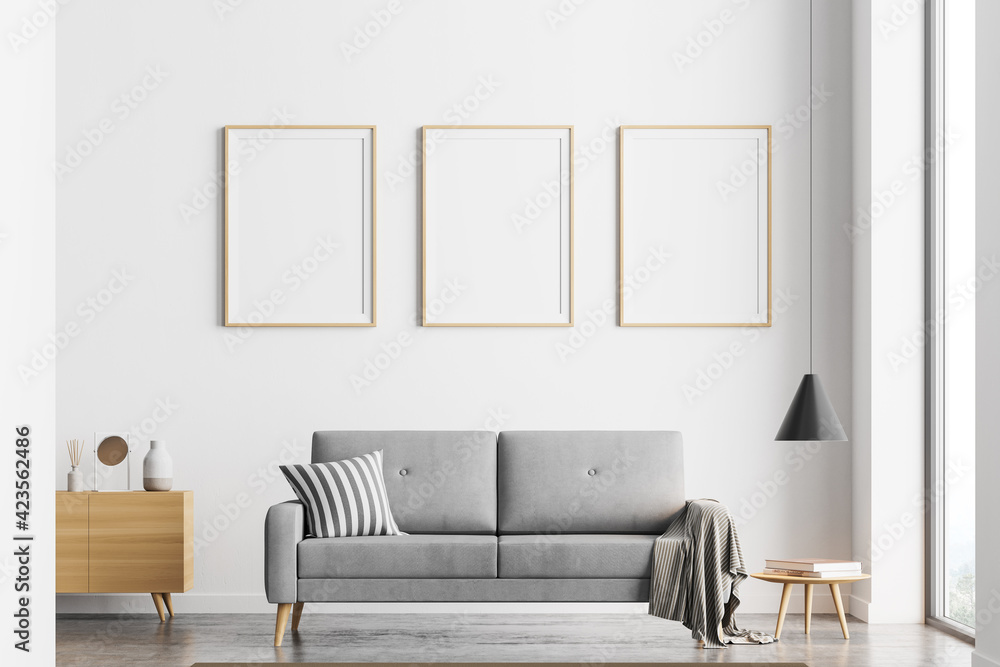 Living room interior with three poster, panoramic window and sofa Stock ...