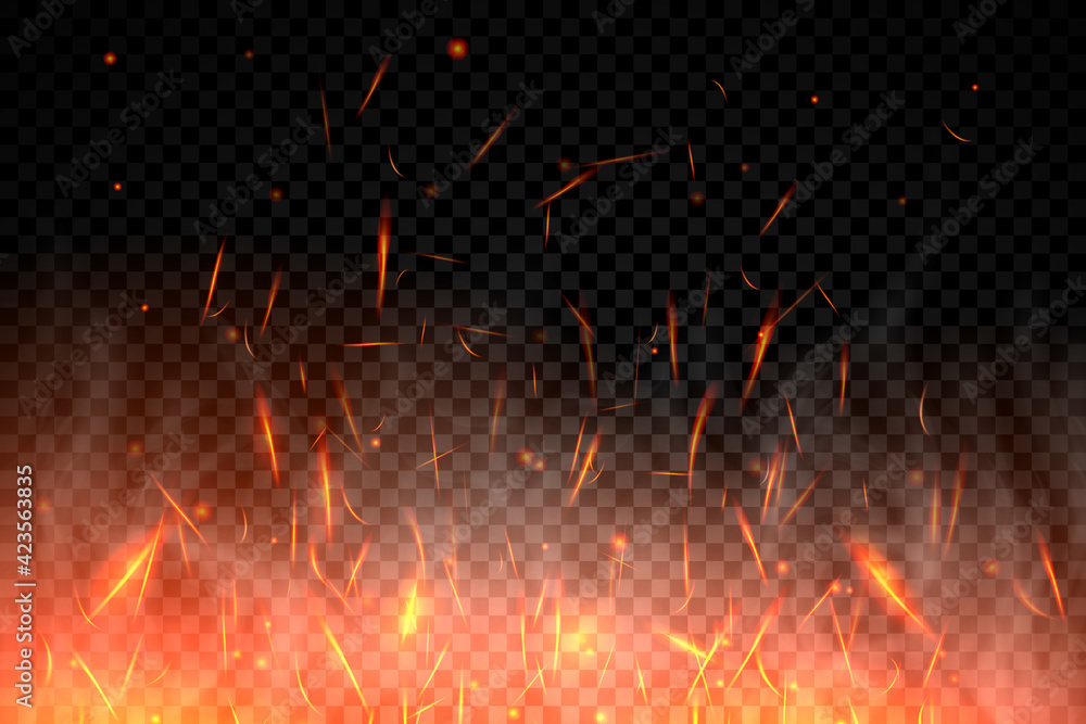 Realistic fire sparks background on a transparent background. Burning ...