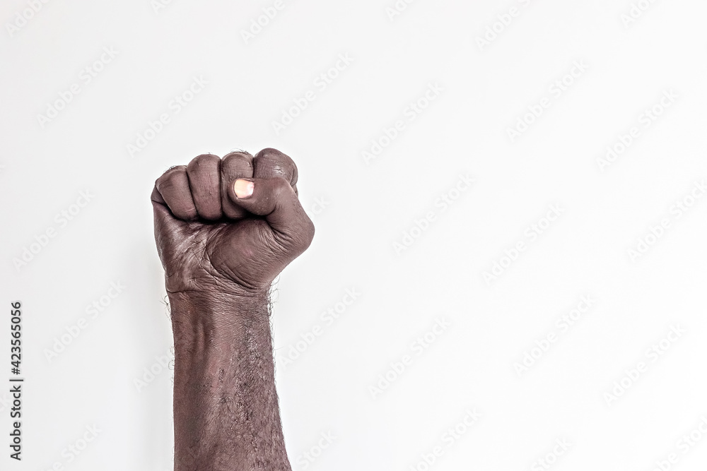 Male hand clenched into a fist on a white background. A symbol of the ...