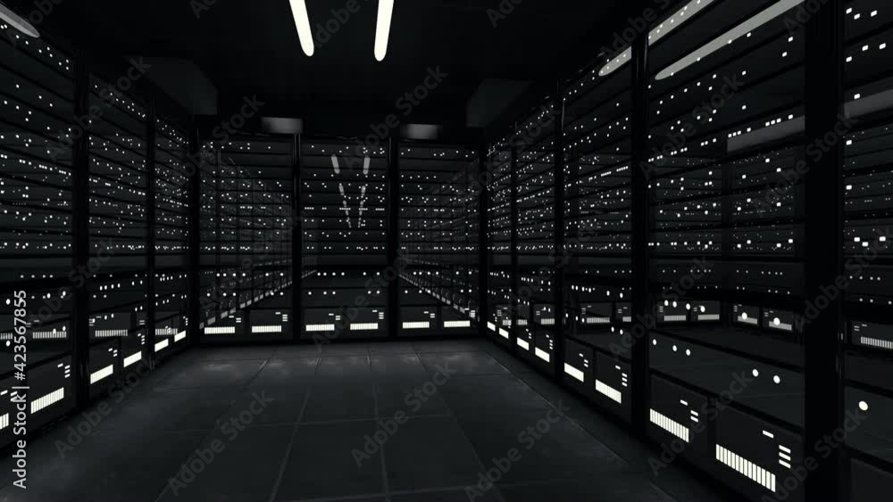 Modern server room with servers behind glass panels in data center. Big ...