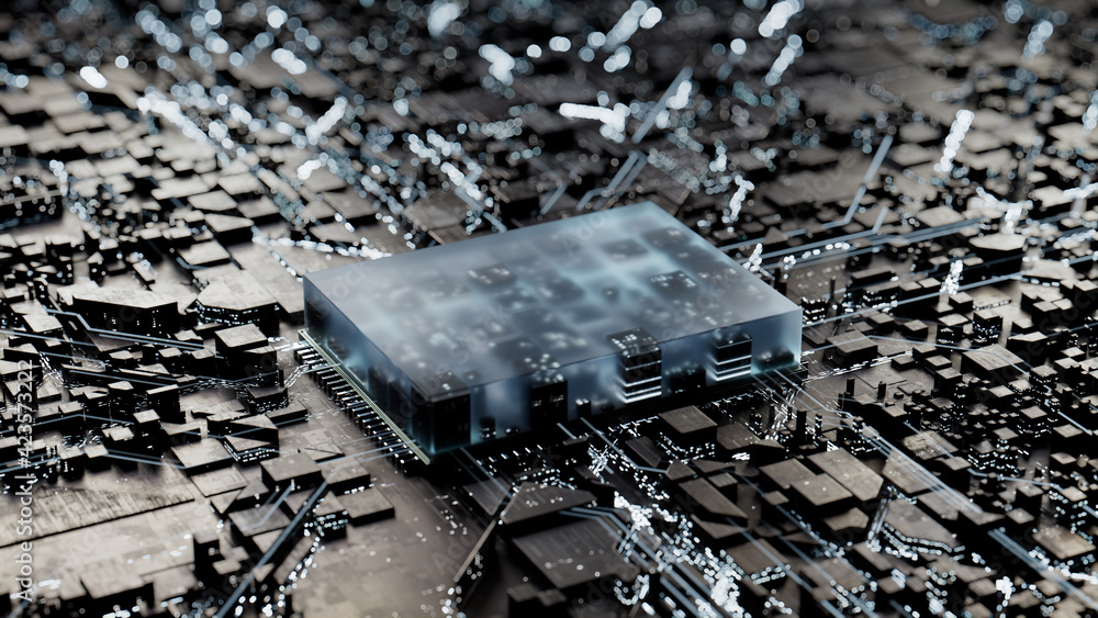 Advanced Technology Concept with Microchip. White Neon Data flows from ...