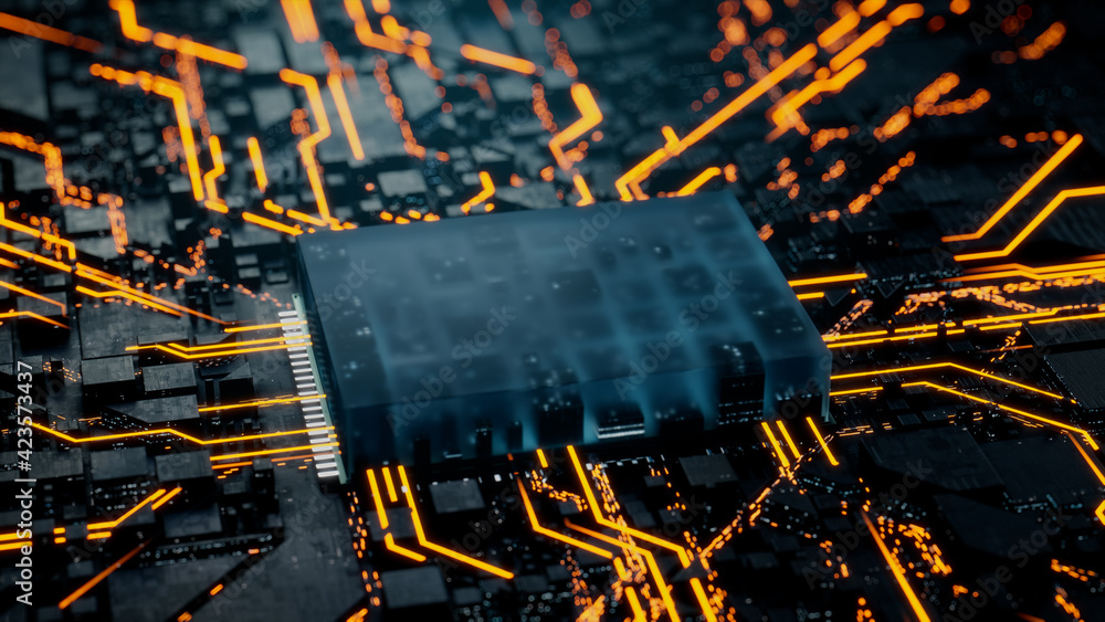 Advanced Technology Concept with Microchip. Orange Neon Data flows from ...