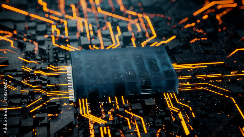 Advanced Technology Concept with Microchip. Orange Neon Data flows from ...