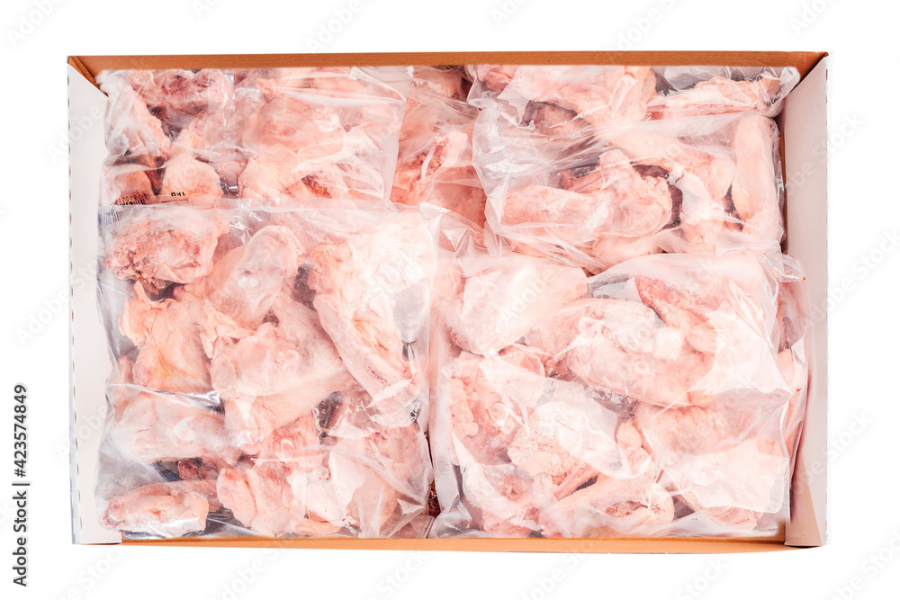 Raw meat box for supermarket, retail.Raw chicken backs in a package ...