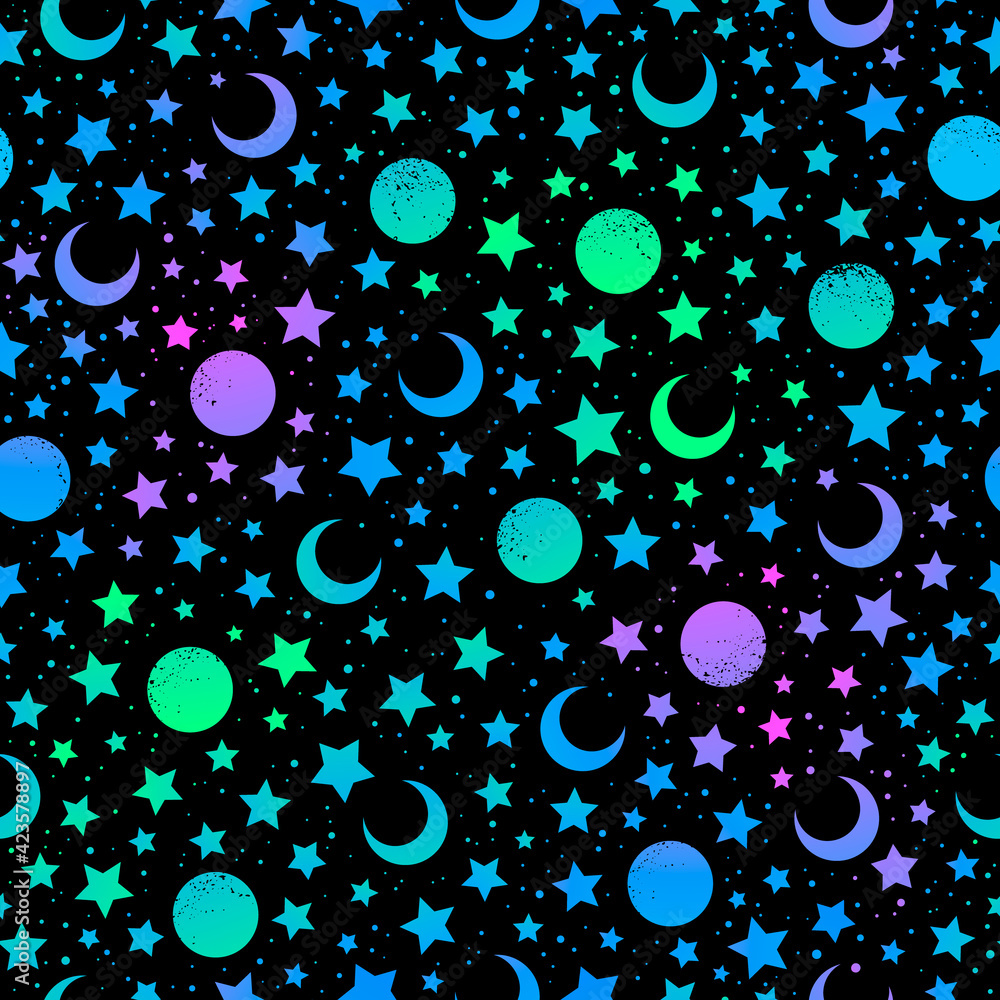 mystical bright neon pattern with moon and stars Stock Vector | Adobe Stock