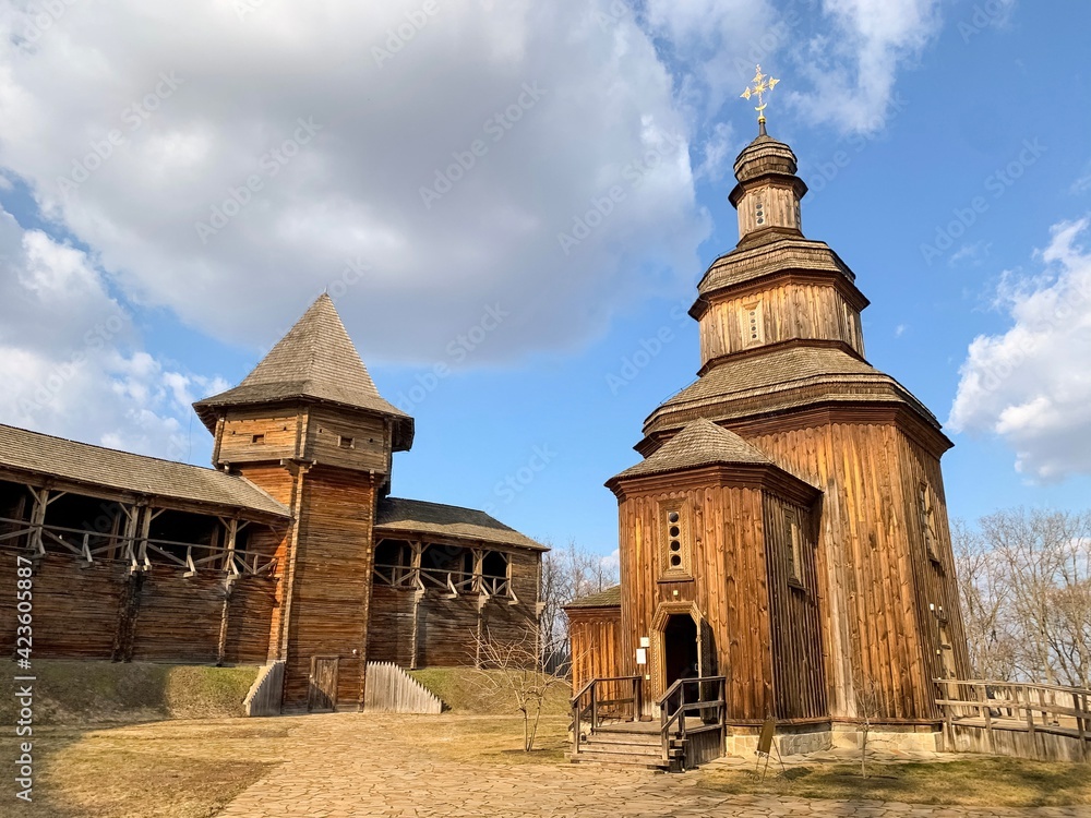 Citadel of ancient fortress, wooden orthodox church, castle tower and ...