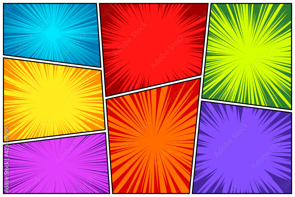 Comic book colorful radial lines collection. Cartoon comics background ...