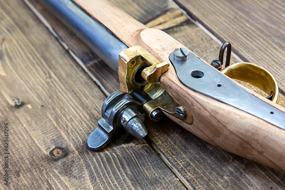 flintlock mechanism bolt, breech-loading pistol close up Stock Photo ...