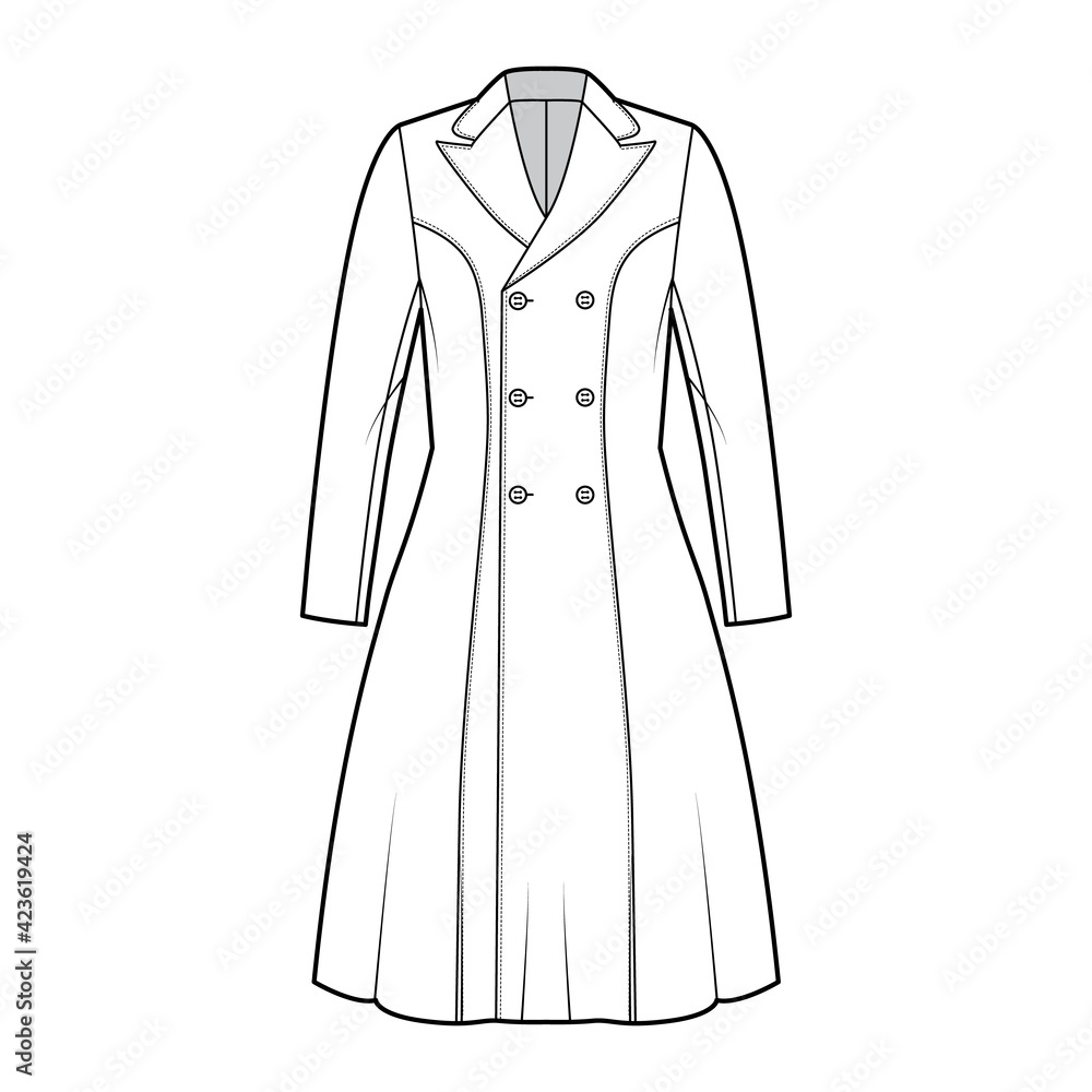Princess line coat technical fashion illustration with double breasted ...