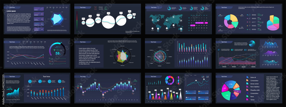 Dark Presentation slide with gradient graphic elements. Business report ...
