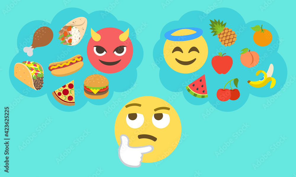 thinking face and two thought bubbles with angel face and fruits on the ...