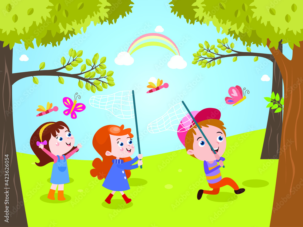 Happy children playing and catching insects at the park Stock Vector ...