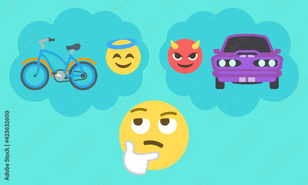 thinking face and two thought bubbles with angel face and bike on the ...