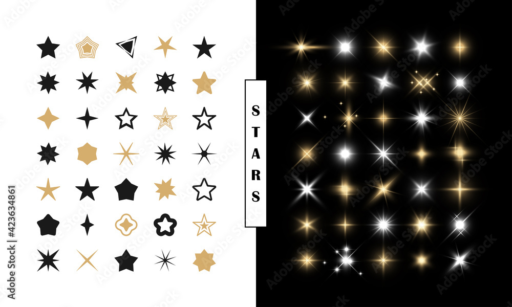 Star. Set of stars effect design, simple flat, and light sparkle ...