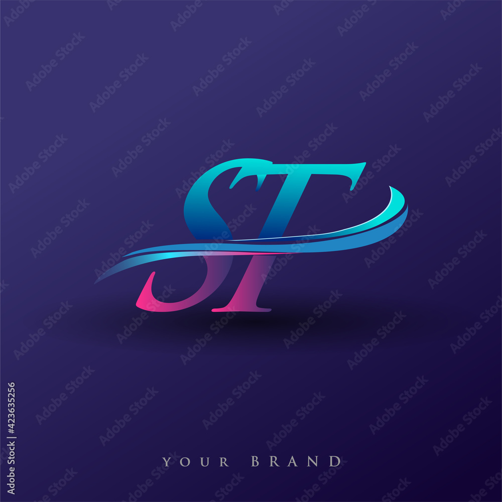 ST initial logo company name colored blue and magenta swoosh design ...