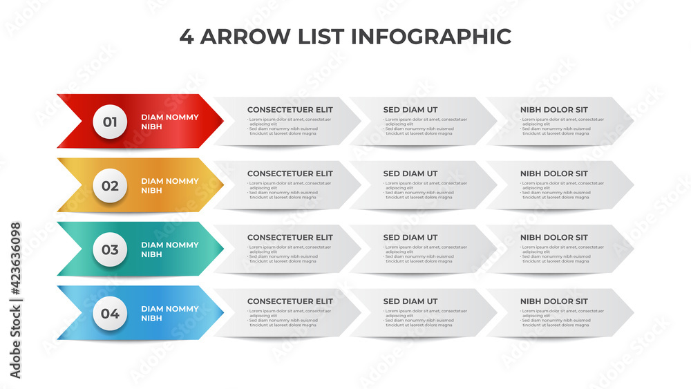 4 points of process arrow, list diagram for presentation, infographic ...