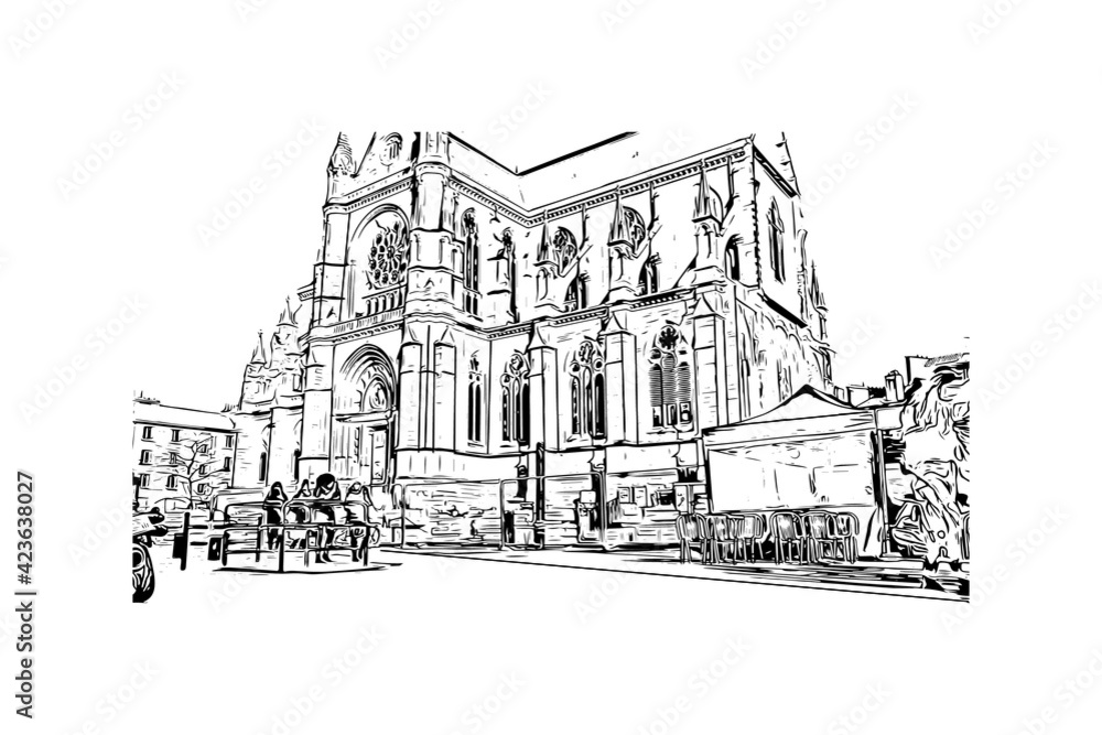 Building view with landmark of Rennes is the city in France. Hand drawn ...