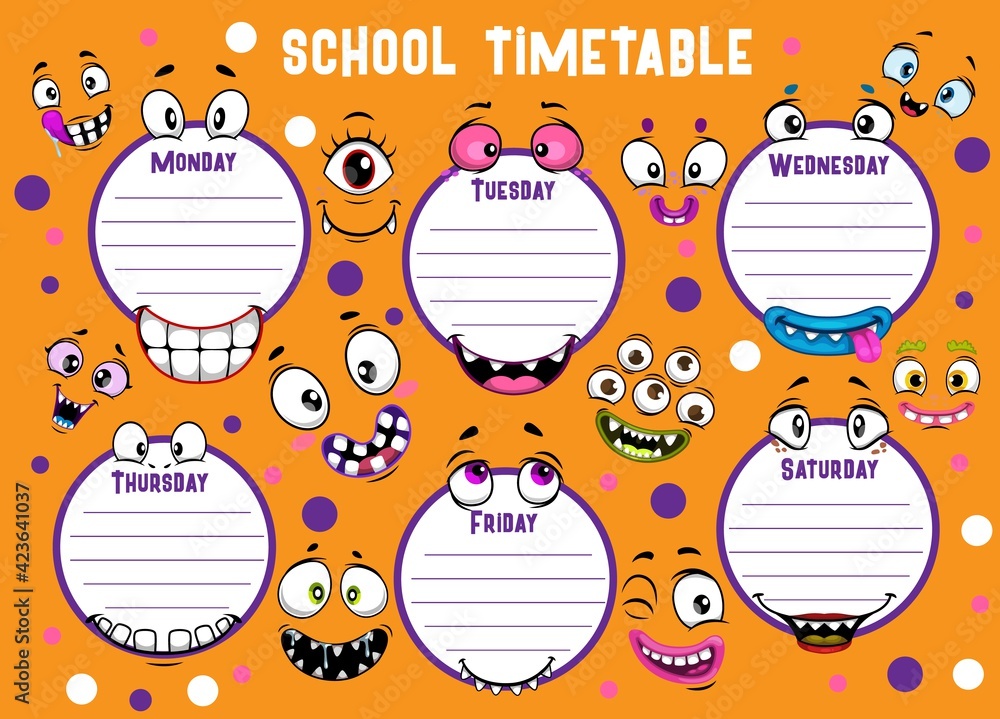 School timetable with funny smiling monster faces vector template ...