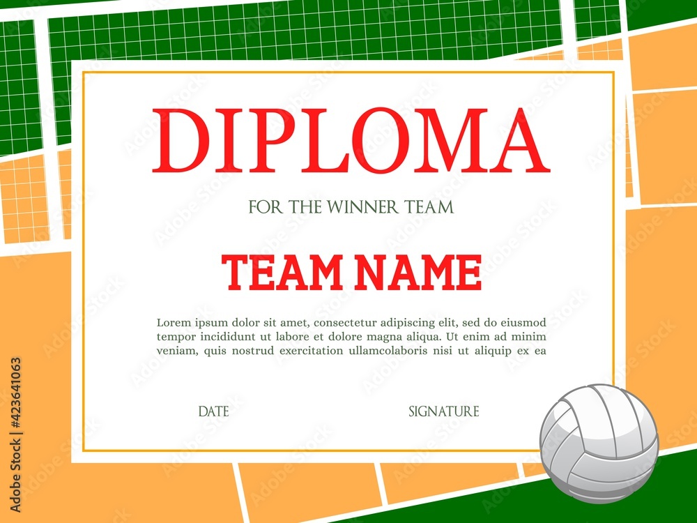 Diploma for the volleyball winner team vector template. Certificate for ...