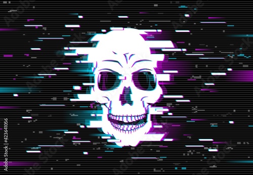 Plakat Human skull on glitched screen background. Computer virus ...