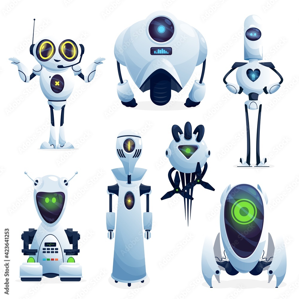 Cartoon robots, vector cyborg characters, toys or bots, artificial ...