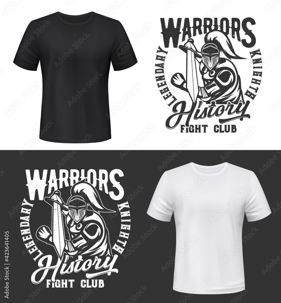 Tshirt print with knight and sword vector mockup, fight club mascot ...