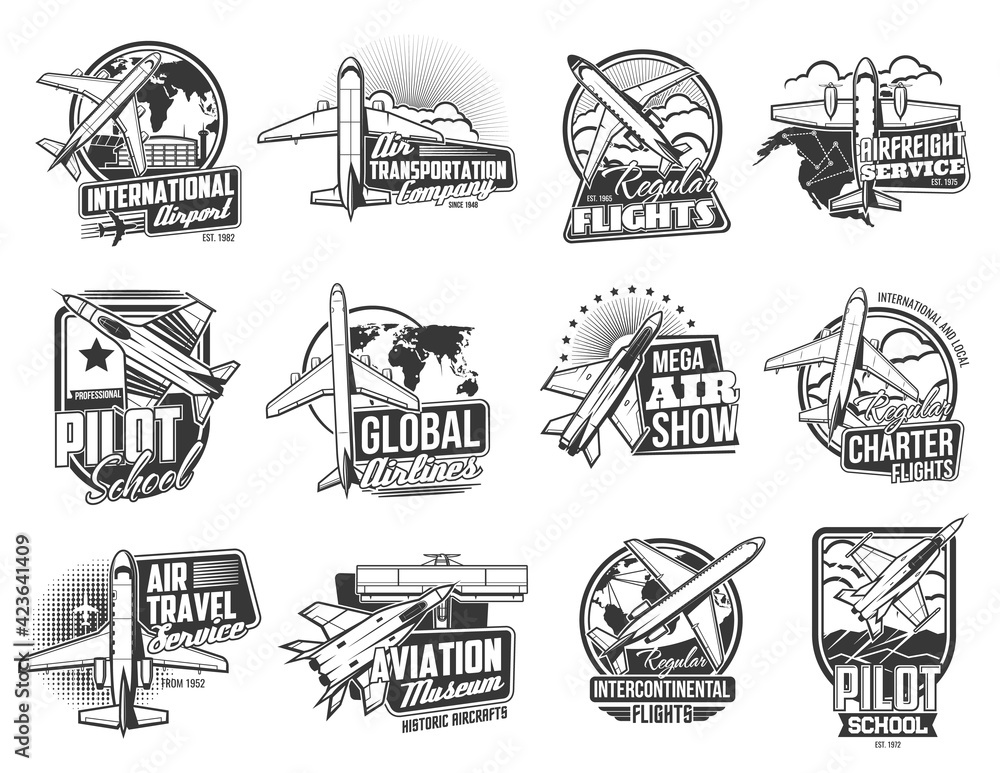 Airline flights, air transport retro icons set. International airport ...