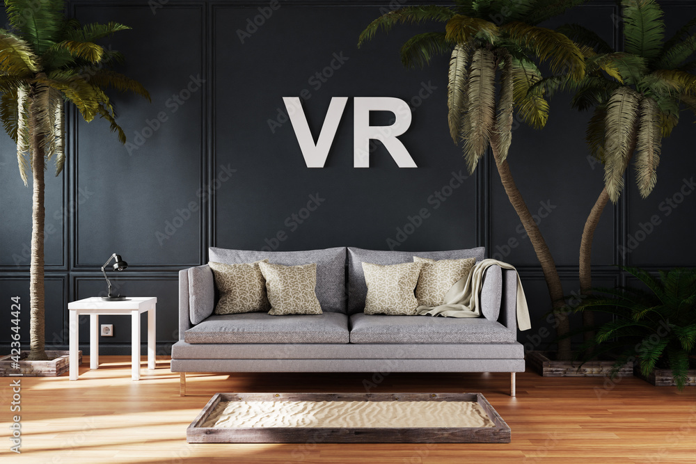 elegant living room interior with single vintage sofa between large ...