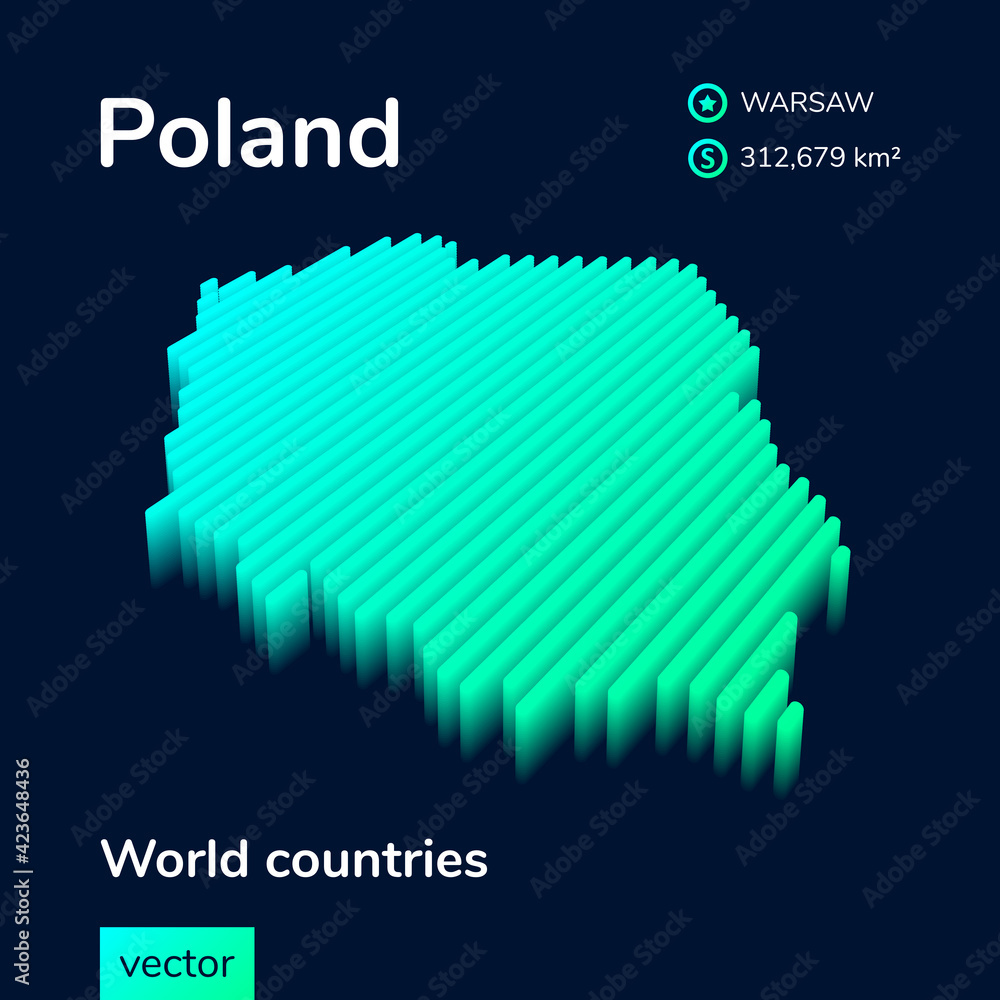 Stylized neon simple digital isometric striped vector Poland map, with ...