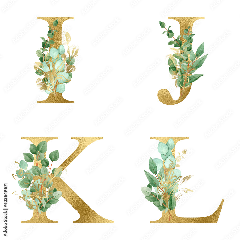 Watercolor Gold Floral Alphabet Set Collection with green and gold ...