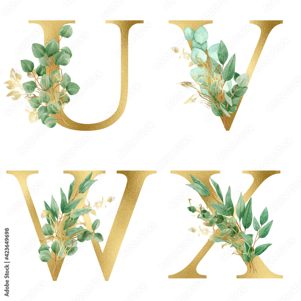 Watercolor Gold Floral Alphabet Set Collection with green and gold ...