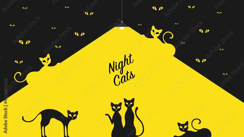 Cartoon cats silhouettes in the night on yellow black background vector ...