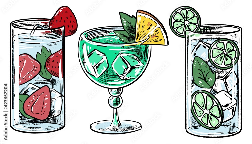 Hand drawing colorful illustration set of cocktails. Collection of ...