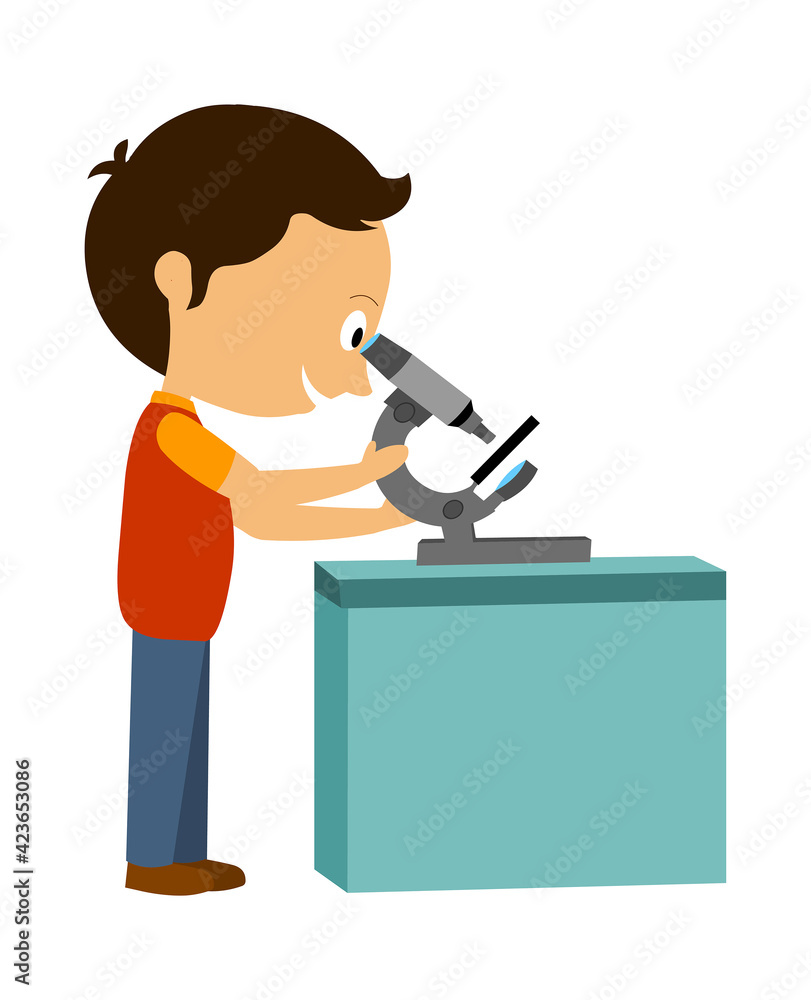 Boy using microscope cartoon llustration Stock Vector | Adobe Stock