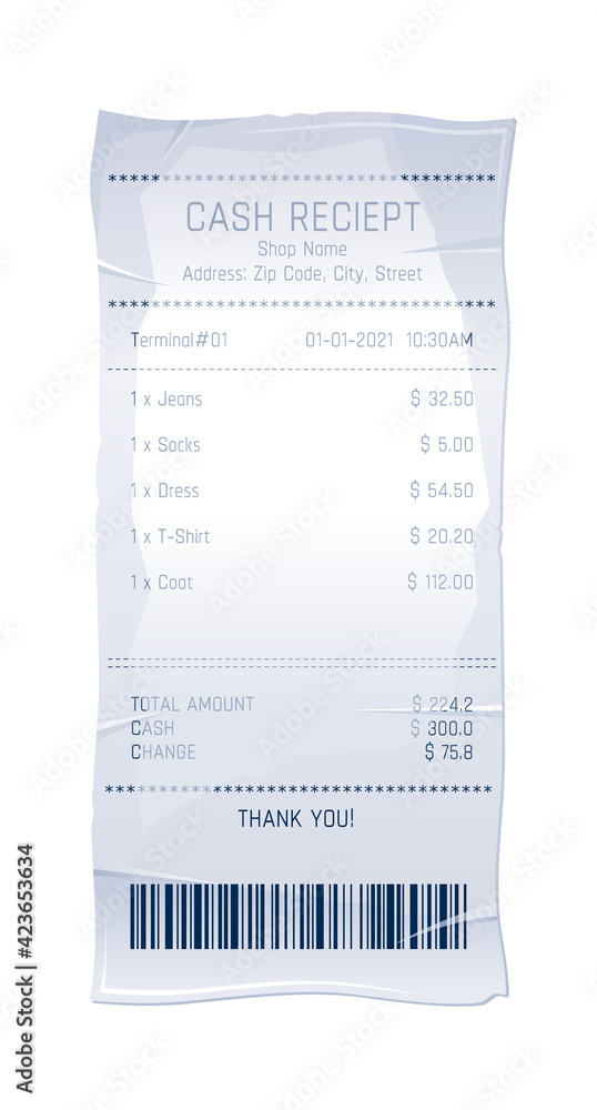Receipt bill. Paper cash shop check. Isolated vector invoice payment ...