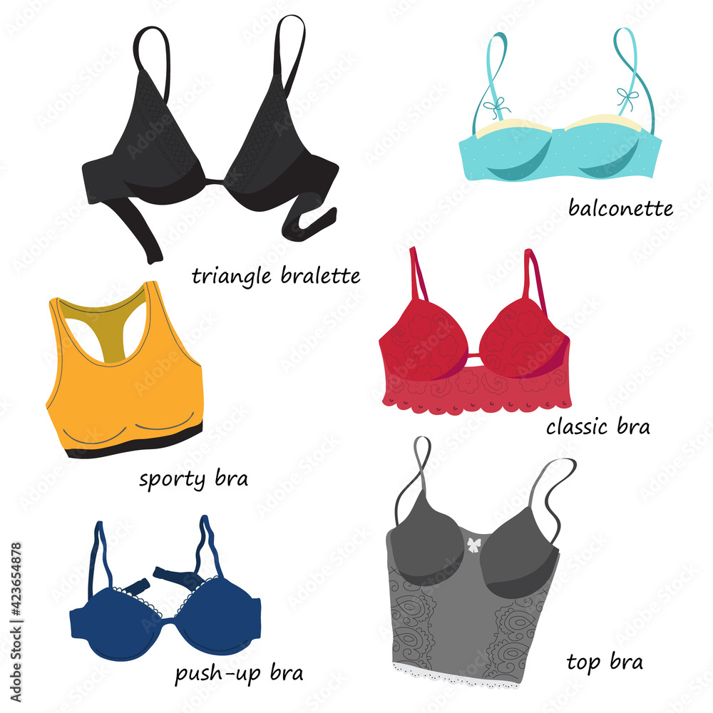 Color illustration of different kind of women's bras in flat style ...