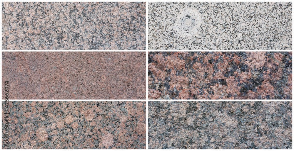 Granite texture set. Collection of panoramic stone backgrounds. Natural ...