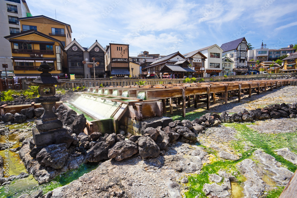 Yubatake onsen, hot spring wooden boxes with mineral water in Kusatsu ...