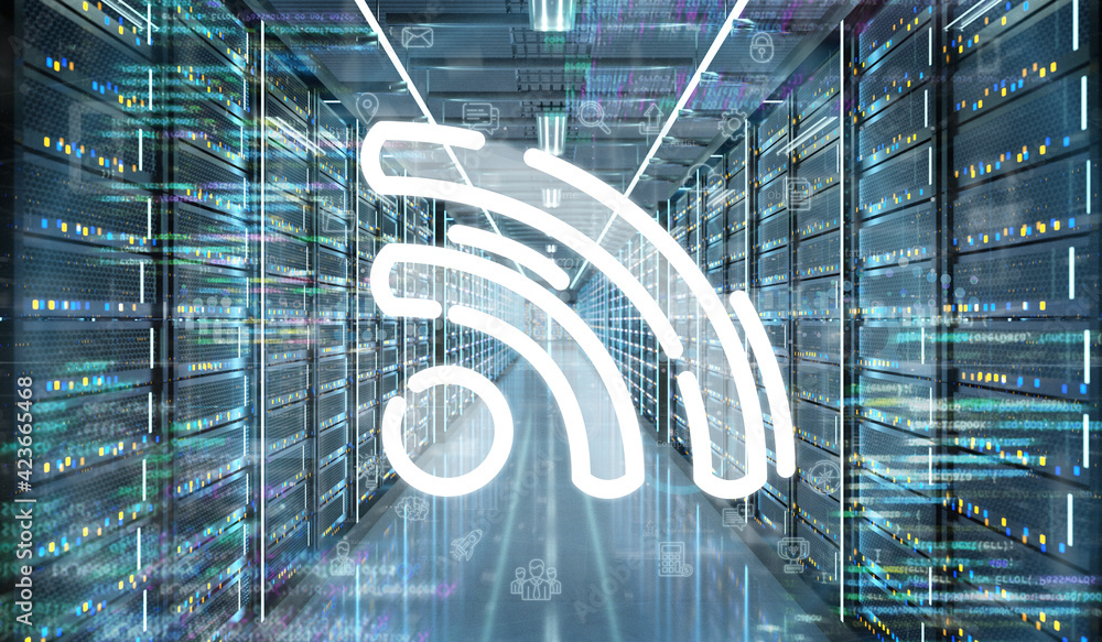 Wifi icon in a Server room data center - 3d rendering Stock Photo ...