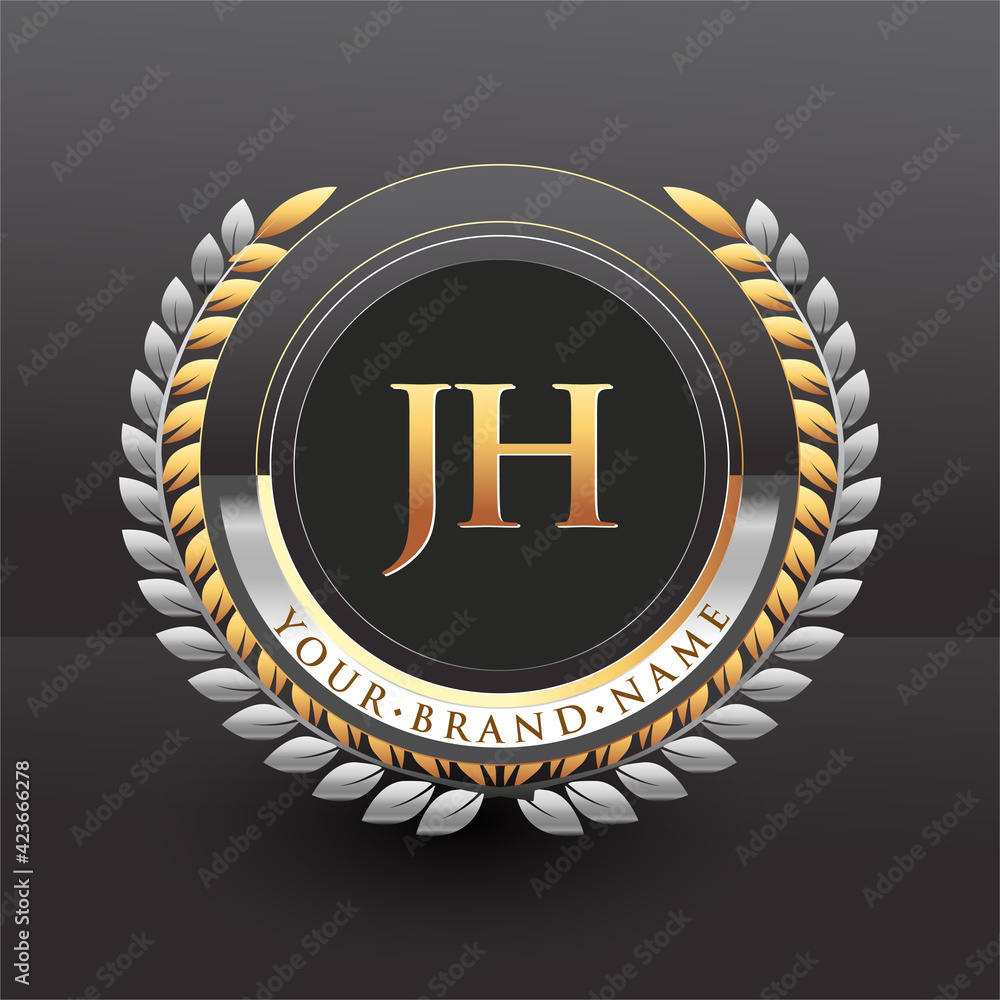 Initial logo letter JH with golden and silver color with laurel and ...